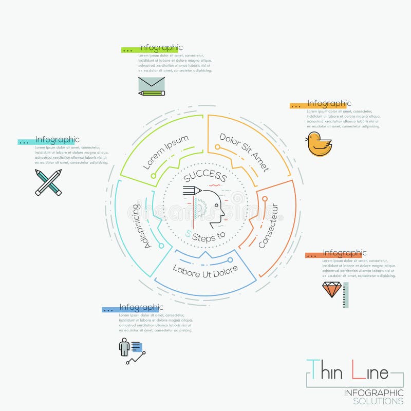 Circular Chart with 3 Multicolored Circles, Thin Line Symbols and Text ...