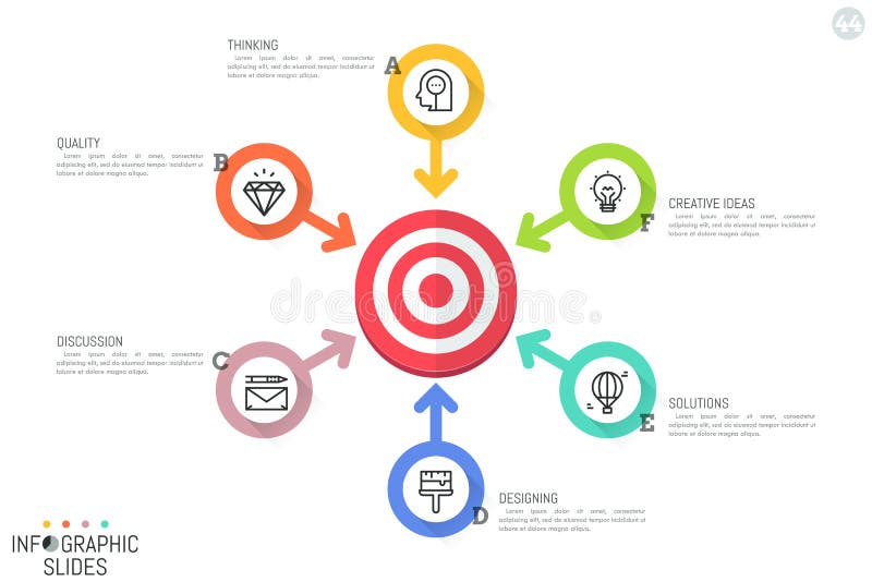 Infographic Design Layout. Round Diagram with Target Central Element, 6 ...