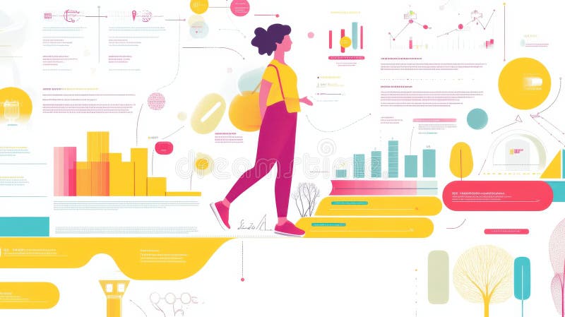 Infographic Design with Woman Walking among Data Charts and Graphs in ...