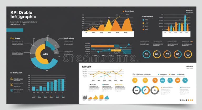 Infographic Displaying Key Performance Indicators with Charts and Graphs. Features a Stock ...