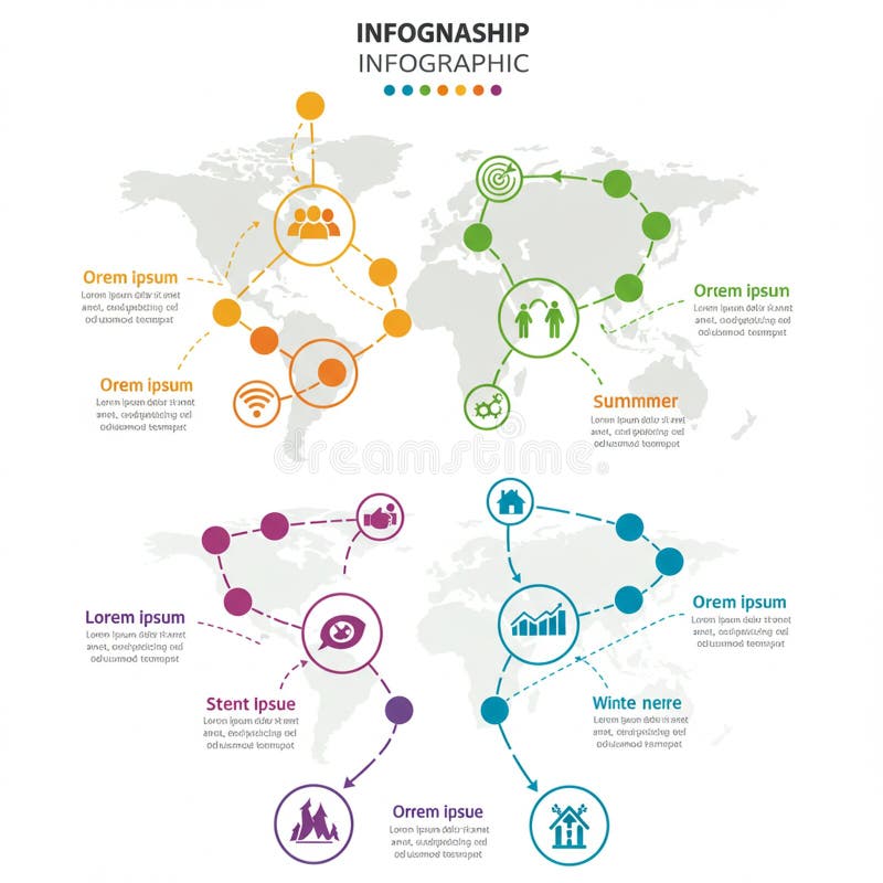Infographic Displaying a World Map with Colored Pathways and Icons ...