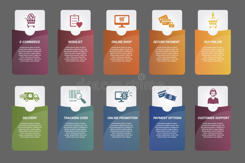 Infographic E-Commerce Template. Icons in Different Colors. Include E ...