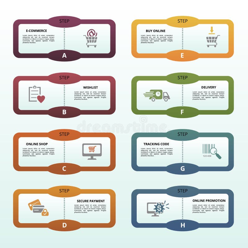 Infographic E-Commerce Template. Icons in Different Colors. Include E ...