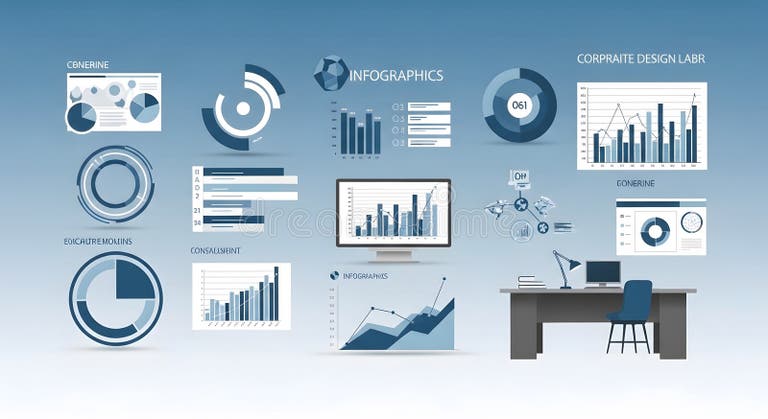 Infographic Elements with Pie Charts, Bar Graphs, and Workspace Illustration Stock Illustration ...