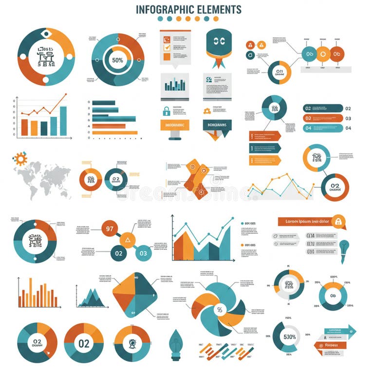 Infographic Elements Set Featuring Circular Charts, Bar Graphs, Line ...