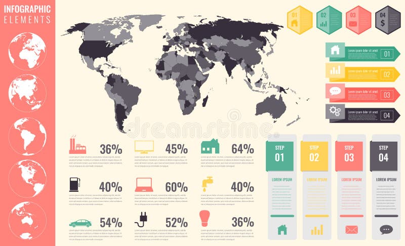 Infographic Elements Set. World Map, Markers, Charts and Other Elements ...