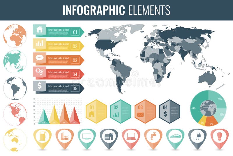 Infographic Elements Set. World Map, Markers, Charts and Other Elements ...