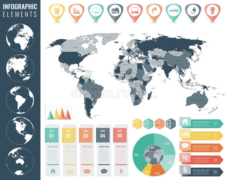 Infographic Elements Set. World Map, Markers, Charts and Other Elements ...