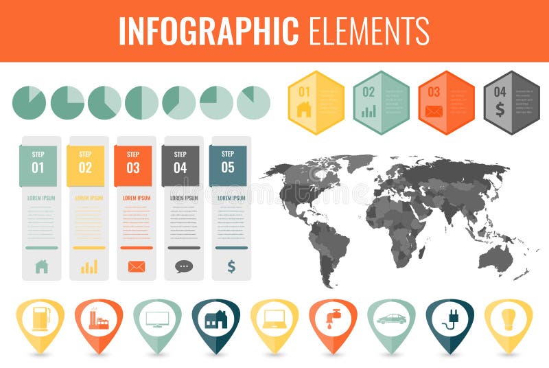 Infographic Elements Set. World Map, Markers, Charts and Other Elements ...
