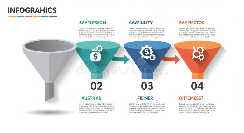 Infographic Features a Funnel Process with Four Stages, Depicted in ...