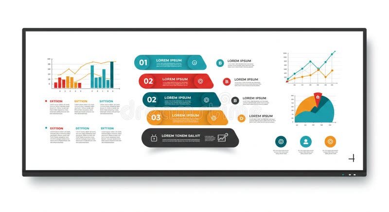 Infographic Featuring a Layout with Bar Graphs, Line Charts, Pie Charts, and Text Boxes. Stock ...