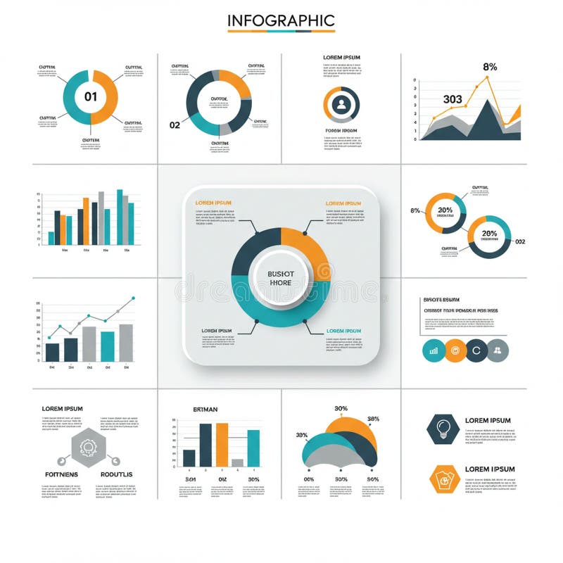 Infographic Featuring a Variety of Charts and Graphs. the Layout Includes Pie Charts, Stock ...