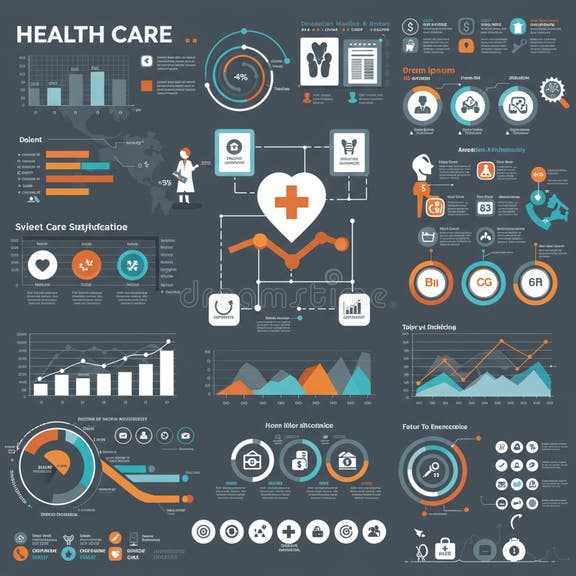 Infographic on Healthcare with Charts, Graphs, and Icons. Includes Bar ...