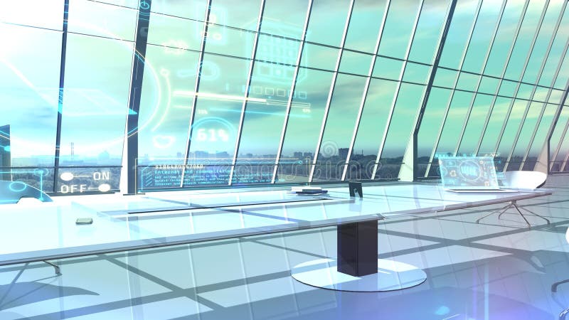 Infographic Holograms in a Light Office with Panoramic Windows. 3D ...