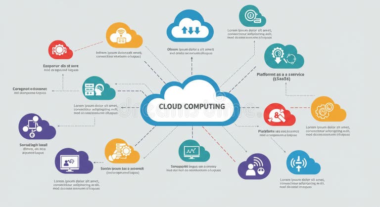 Infographic Illustrating Cloud Computing Concepts. Central Cloud Icon Labeled "Cloud Stock ...