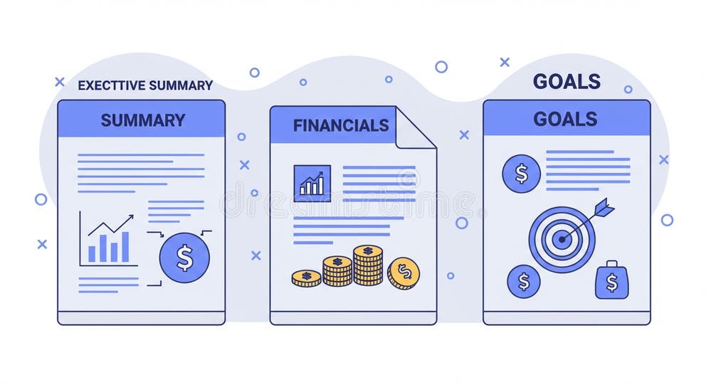 Infographic Illustrating Three Sections Labeled "Summary," "Financials ...