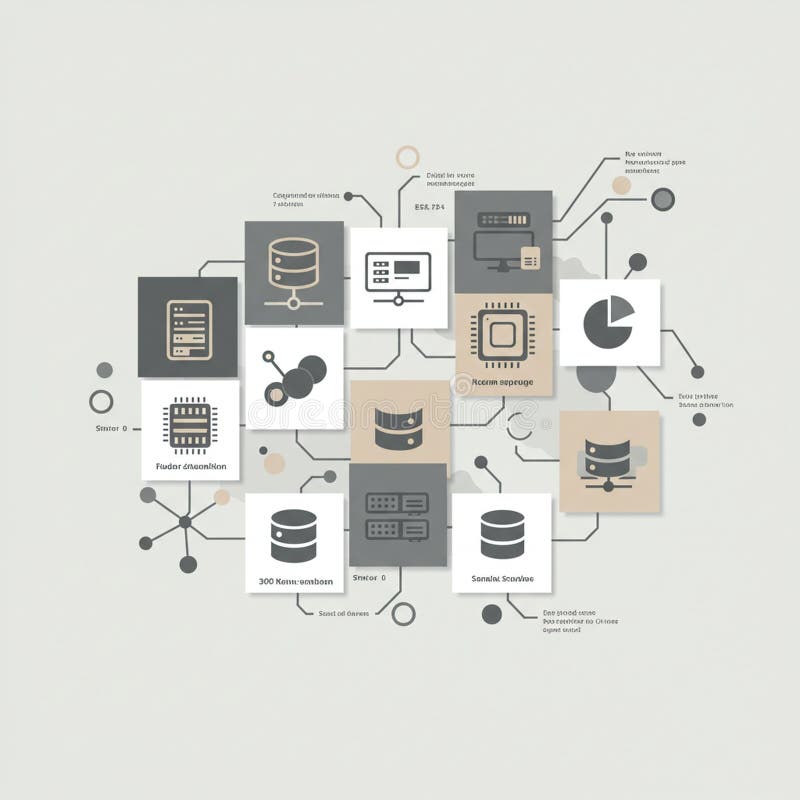 Infographic with Interconnected Blocks Shows Data Servers, Pie Charts ...