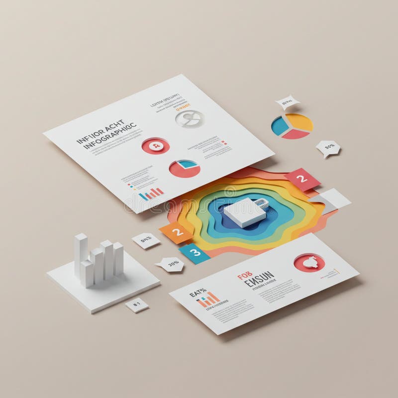 Infographic Layout Featuring 3D Paper Cutouts and Charts. Includes Pie ...