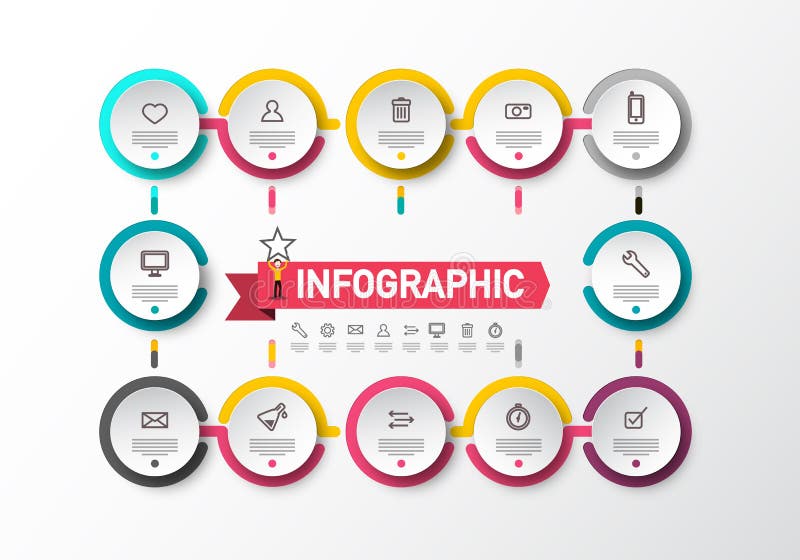 Infographic Layout with Sample Text and Icons on Circle Labels ...