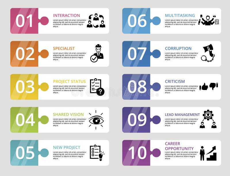 Infographic Management Icons Vector Illustration. 10 Colored Steps Info ...