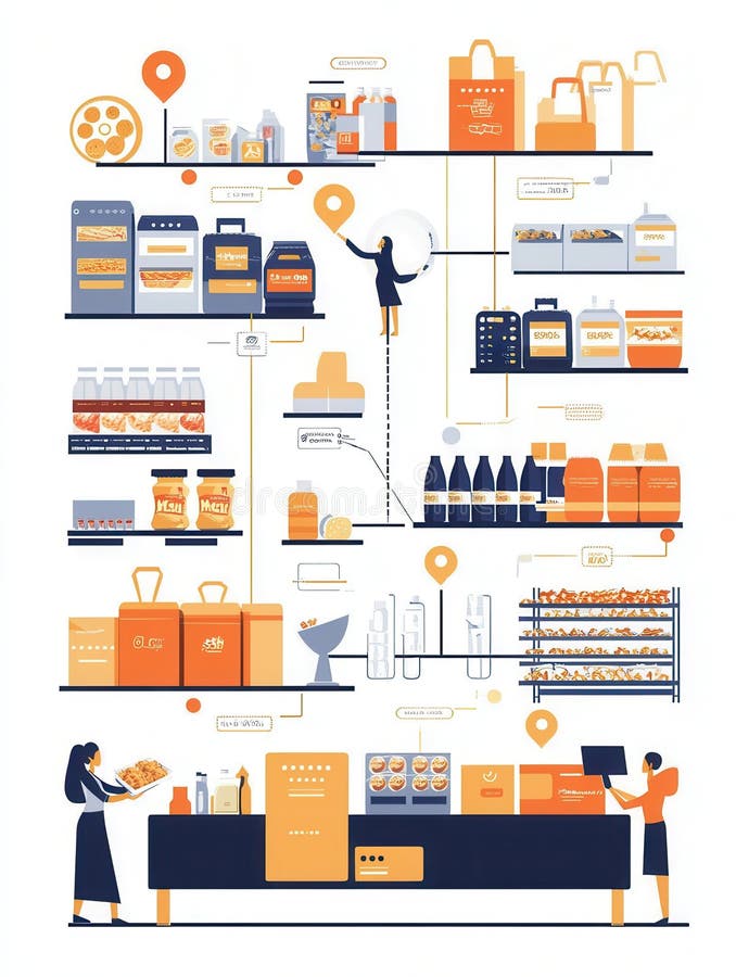 Grocery Order Flow Illustrated with Selection, Checkout, Packaging, and ...