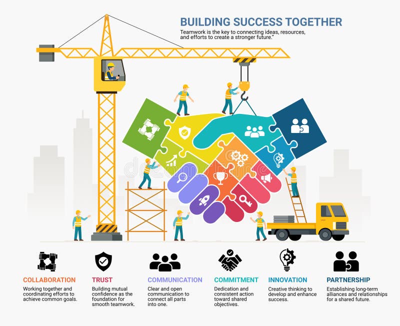 Infographic of Teamwork Concept with Construction Workers Building a ...