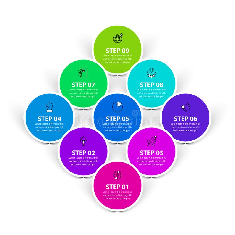 Infographic Template. 9 Standing Circles with Icons and Text Stock ...