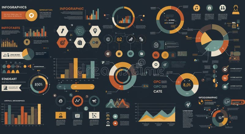 Infographic with Various Charts and Graphs on a Dark Background ...