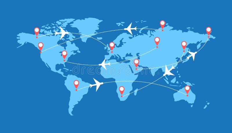 Airline Travel Plane Flight Paths On World Map Stock Illustration ...