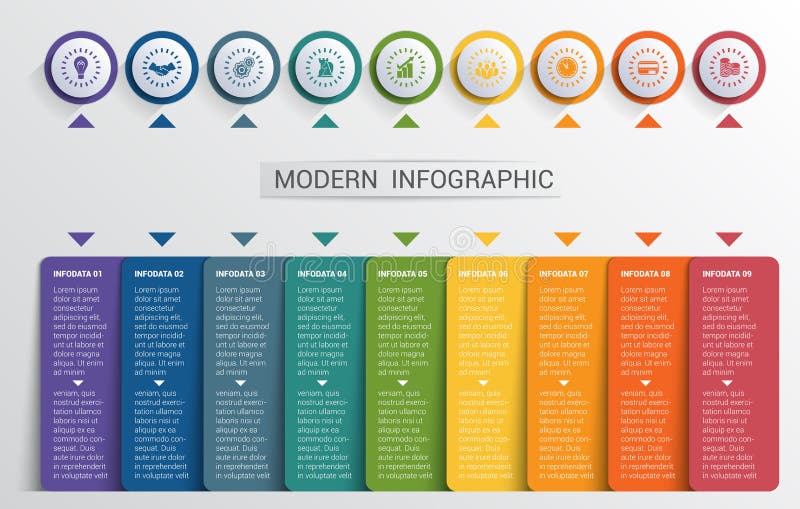 Infographics Design Template, Color Buttons and 9 Plates Shapes Stock ...
