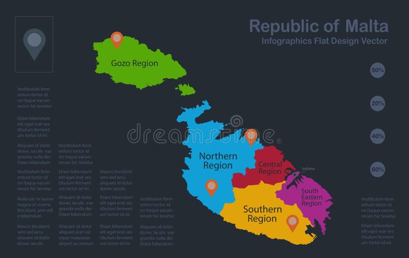 Malta Regions Map with Names, Infographics Blue Flat Design Stock ...