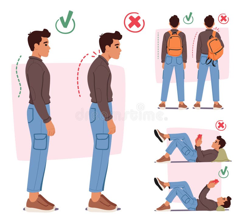 Infographics with Man Showing Proper and Improper Body Postures for ...
