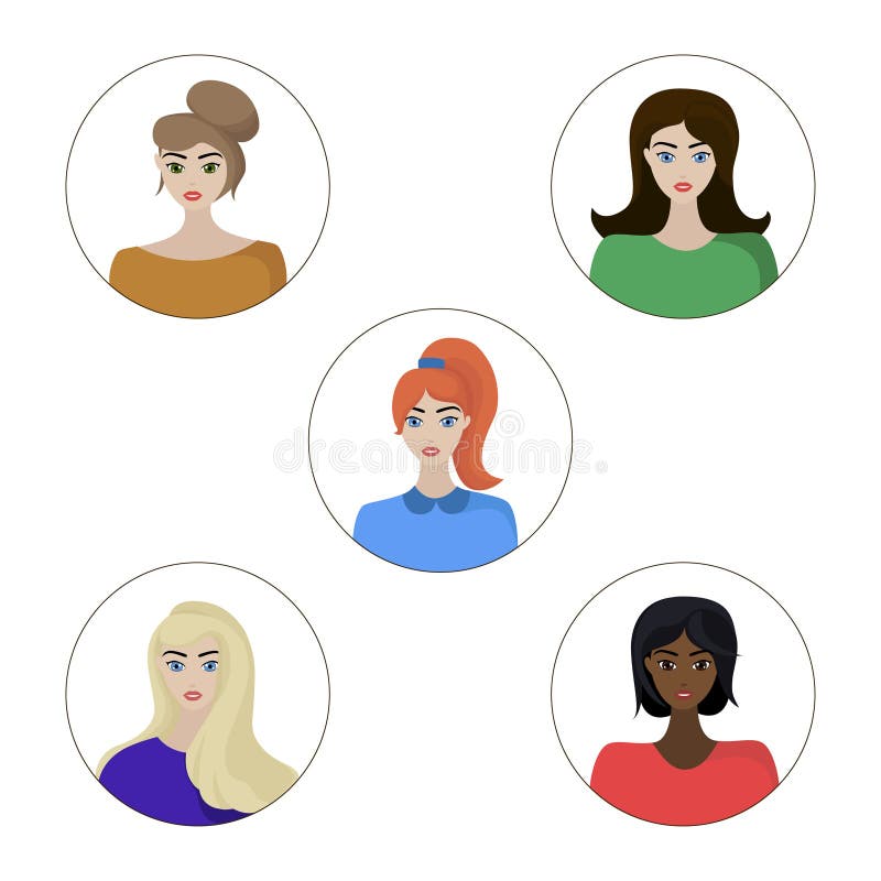 Five Female Faces of Different Cultures and Nations in Profile. Cartoon ...