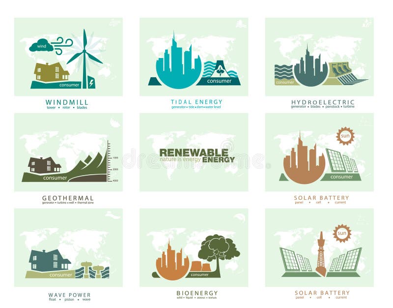 Infographics Renewable Energy Earth Sun, Wind and Water Stock Vector ...