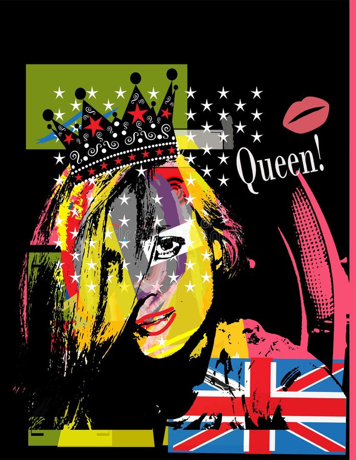 Queen, Girl with Crown and British Flag Background, Lips and Text ...