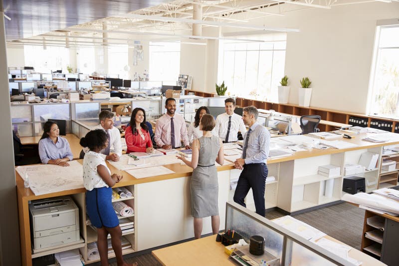 Informal Team Meeting in an Open Plan Office, Elevated View Stock Photo ...