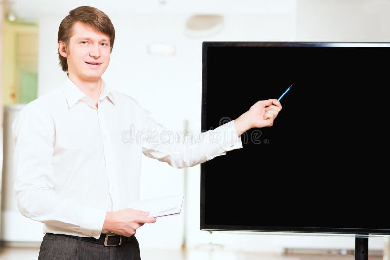 Informally Dressed Businessman Shows Blank Screen Stock Photo - Image ...