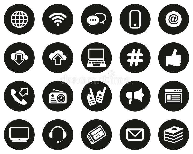 Information Channel Icons White on Black Flat Design Circle Set Big ...