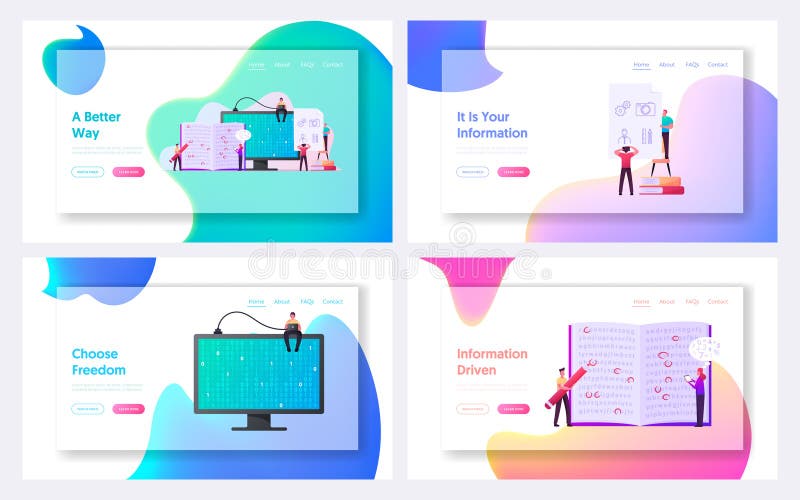 Information Coding Landing Page Template Set Tiny Characters At Huge Computer Monitor With