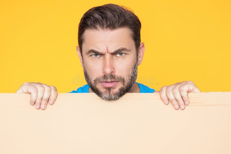 Information Concept. Angry Man with Blank Placard. Demonstrating Copy ...