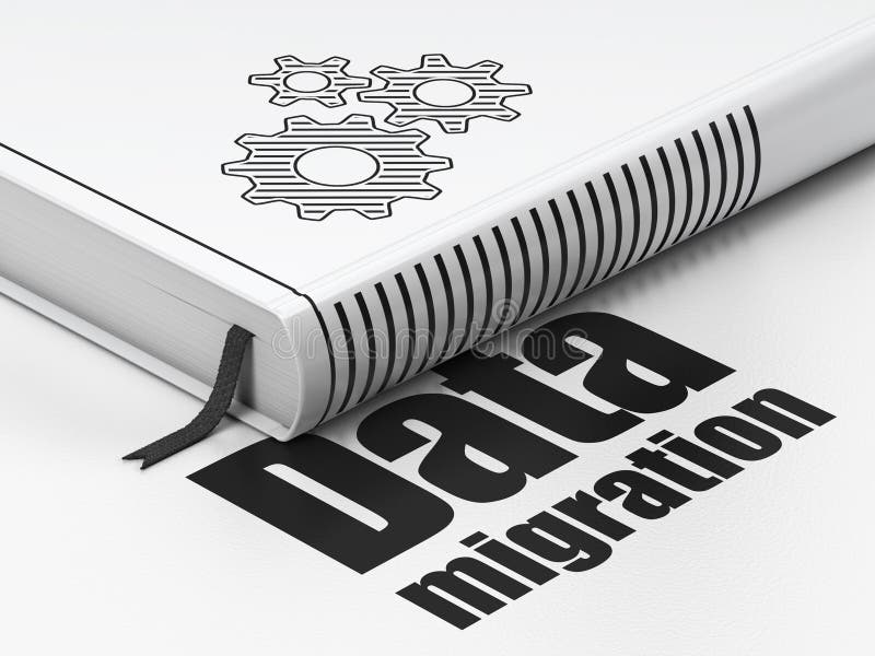 Information Concept: Book Gears, Data Migration on White Background ...