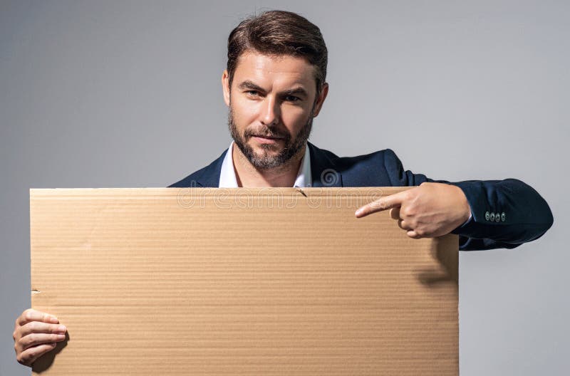 Information Concept. Man with Blank Placard. Demonstrating Copy Space ...