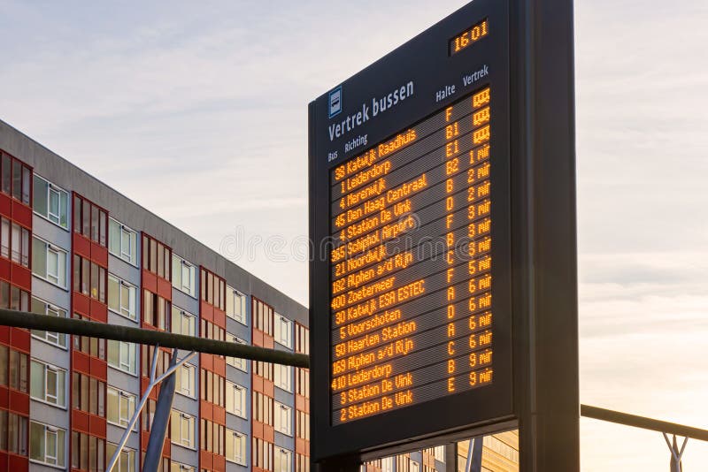 Information Panel with Dutch Bus Departure Times at Leiden Central ...