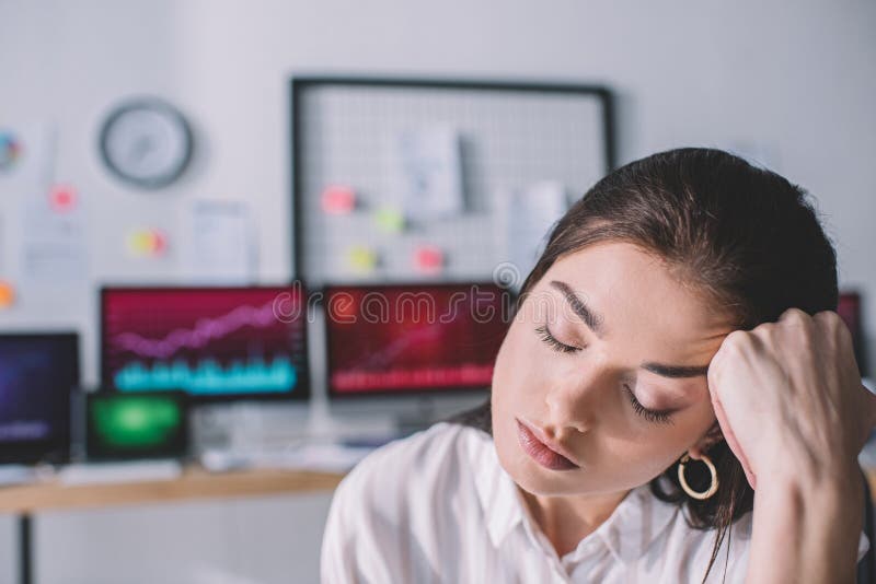 Information Security Analyst with Hand Near Head in Office Stock Photo ...