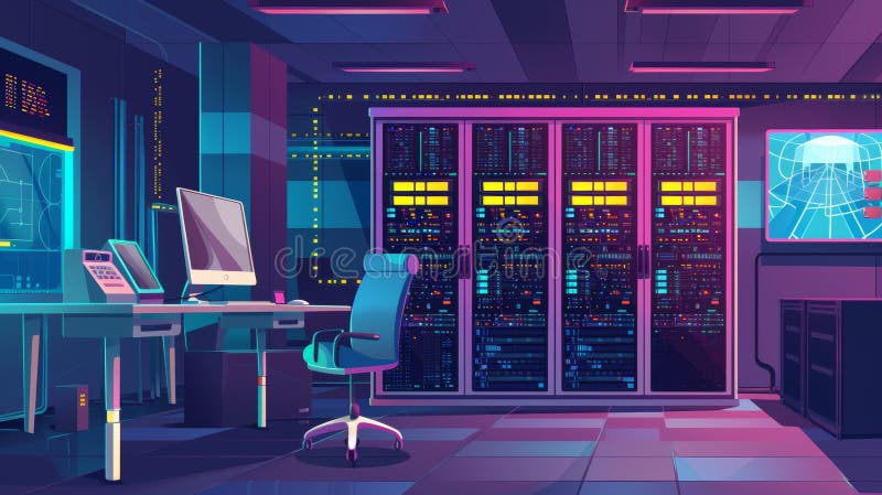 Information Storage Office Interior with Control Panel, Racks with ...