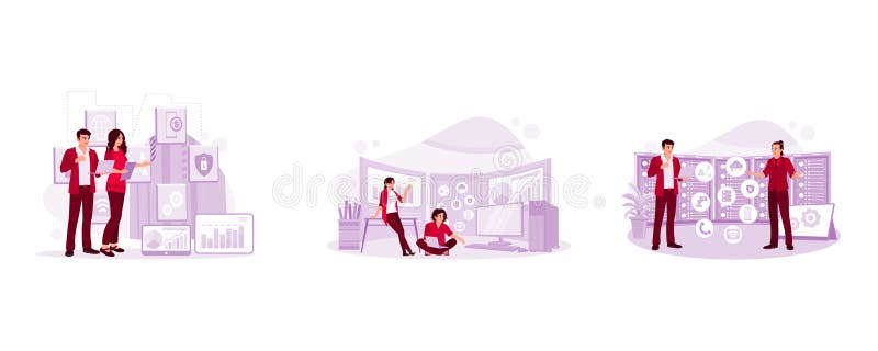 Two Little Programmers are in Front of a Big Computer Screen. Stock ...