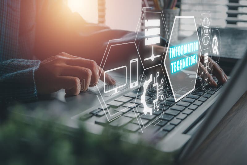 Business Woman Working on Laptop Computer with Information Technology ...