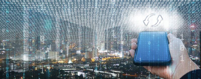 Information Technology Concept. a Man S Hand Uses a Smartphone To ...