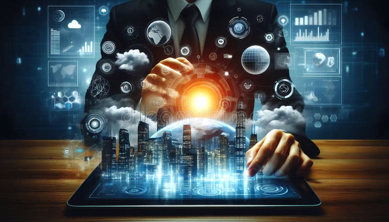 It Information Technology Concept on Touchscreen, People, High Rise ...