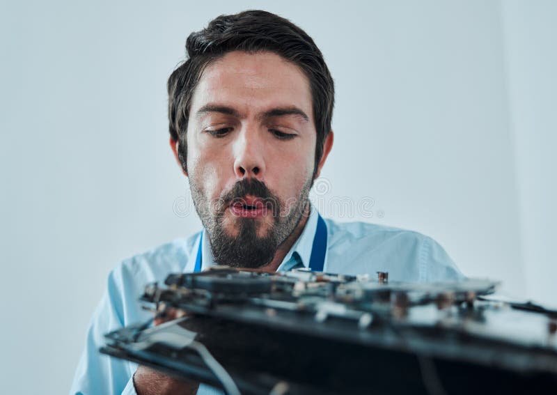 Information Technology, Fixing Motherboard Circuit and Man Blow Dust ...